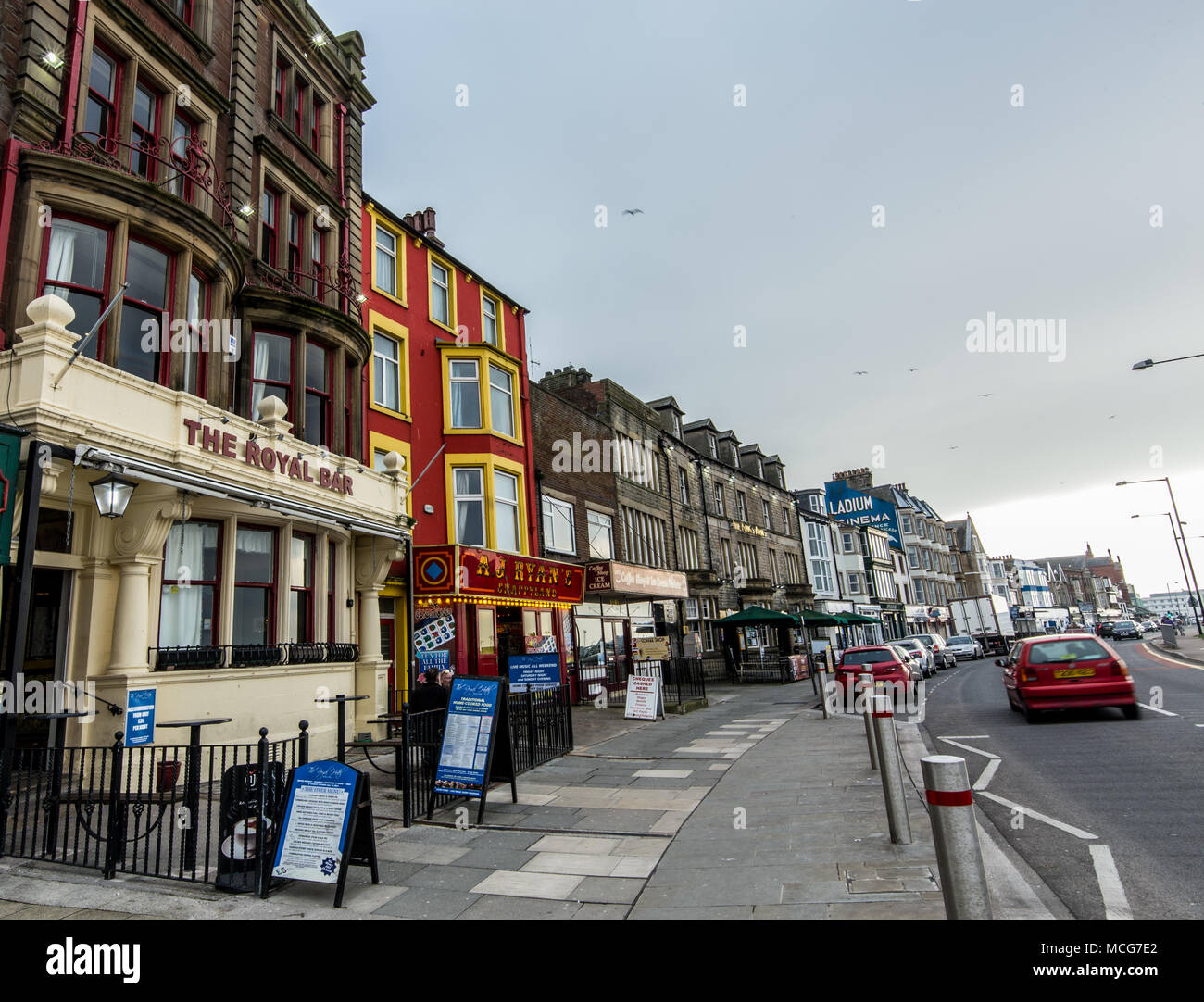 View of Morecambe pubs, arcade and coffee shops along the main ...