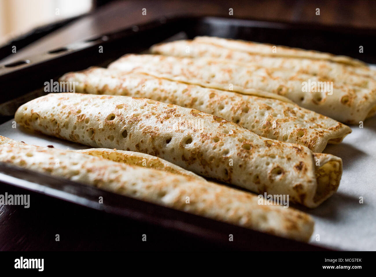 Crepes with Chocolate Cream on Tray. Dessert Concept Stock Photo - Alamy