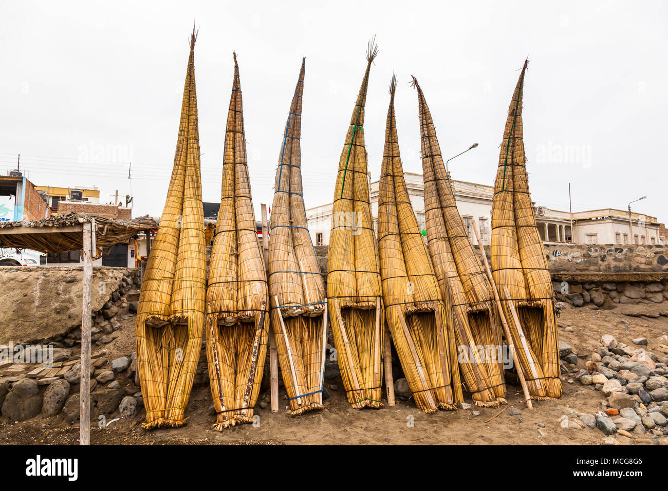 Totora horses called "caballito de totora" in Huanchaco, Peru Stock ...