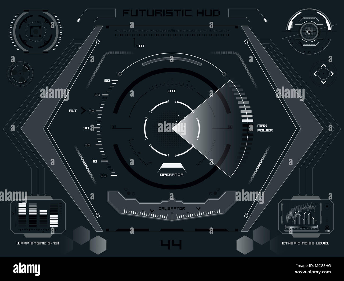 Set of futuristic graphic user interface HUD elements for dashboard or control panel. Raster ...