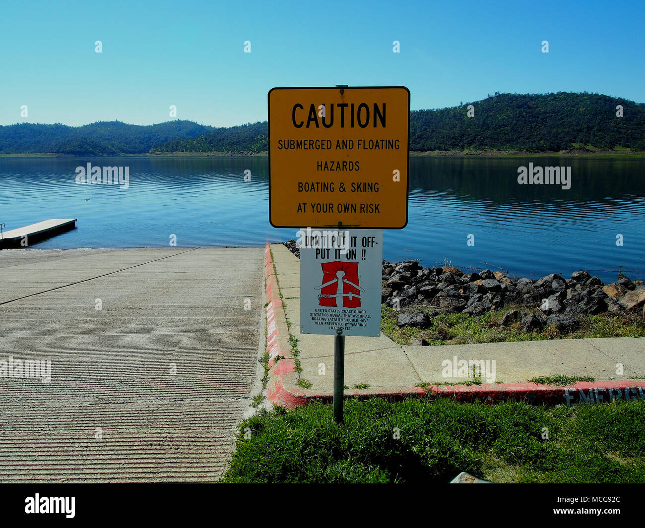 warning signs at boat launch, New Melones Lake, Sierra Nevada Foothills ...