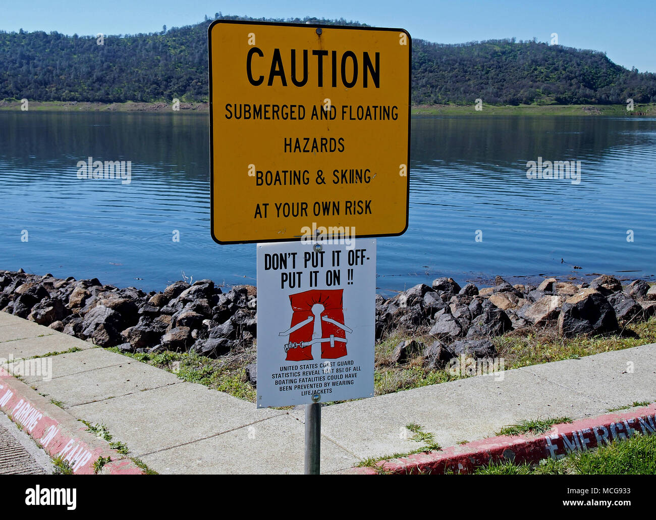 warning signs at boat launch, New Melones Lake, Sierra Nevada Foothills ...