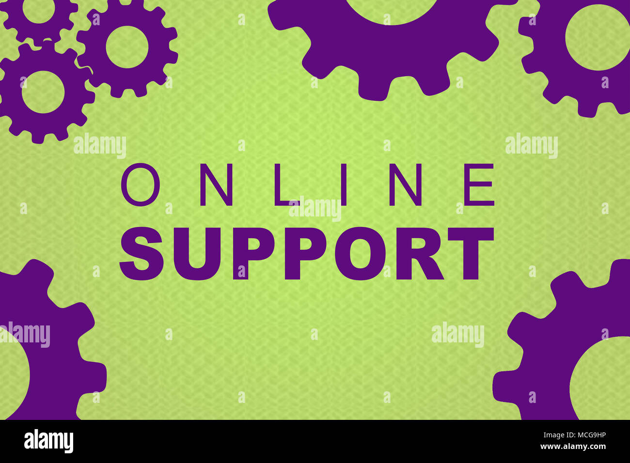 ONLINE SUPPORT sign concept illustration with purple gear wheel figures ...