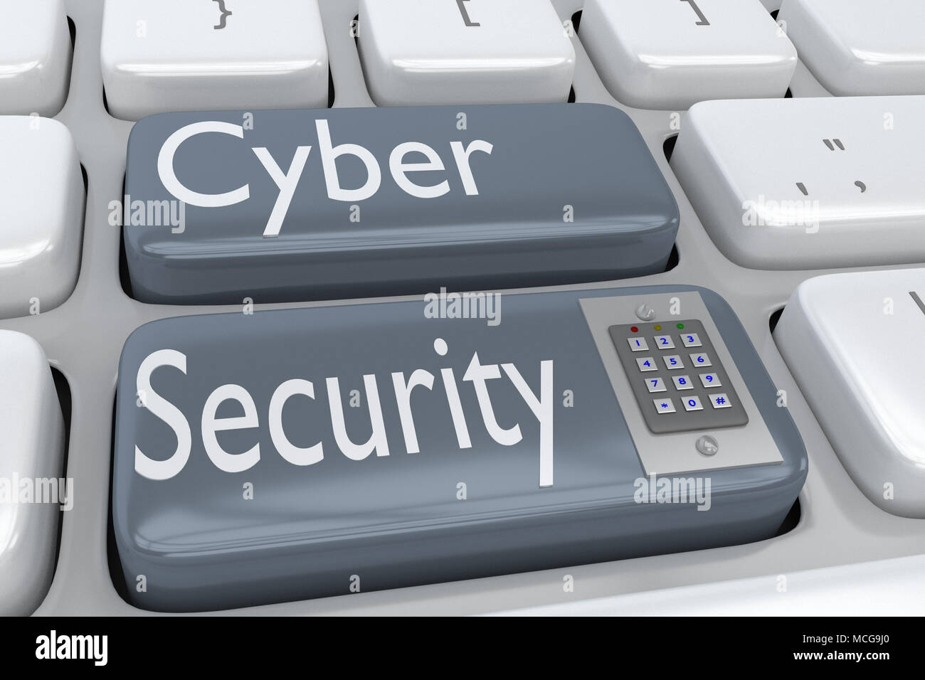 3D illustration of computer keyboard with the script Cyber Security on two adjacent gray buttons ...