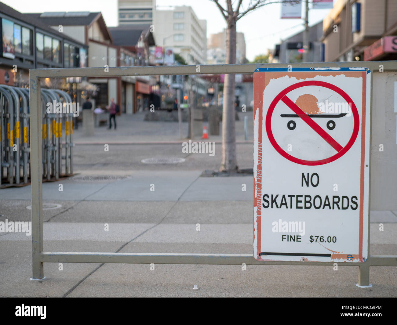 “No skateboards” warning sign at an urban area, comes with a fine Stock ...