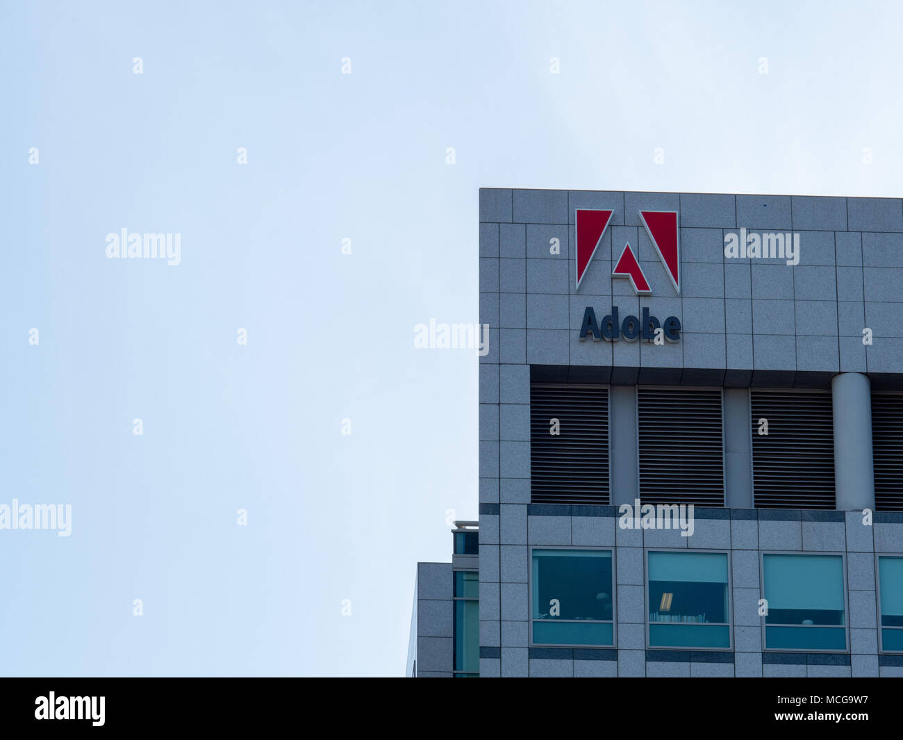 SAN JOSE, CA - APRIL 14, 2018: Adobe Systems, Photoshop maker, logo on ...