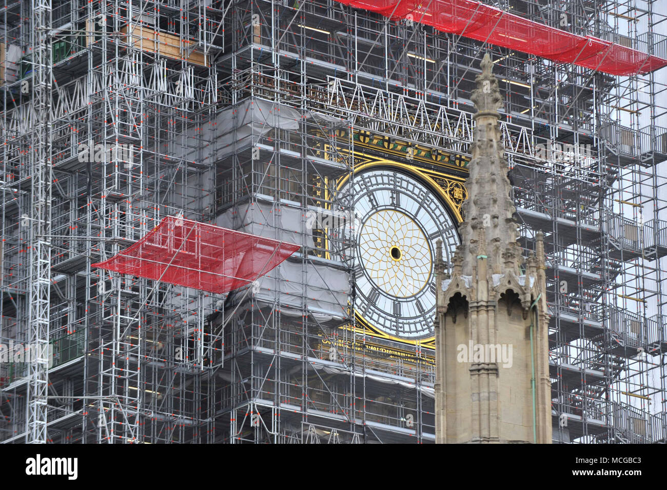 London, UK. 16 April 2018. The hands on the Elizabeth Tower clock have ...