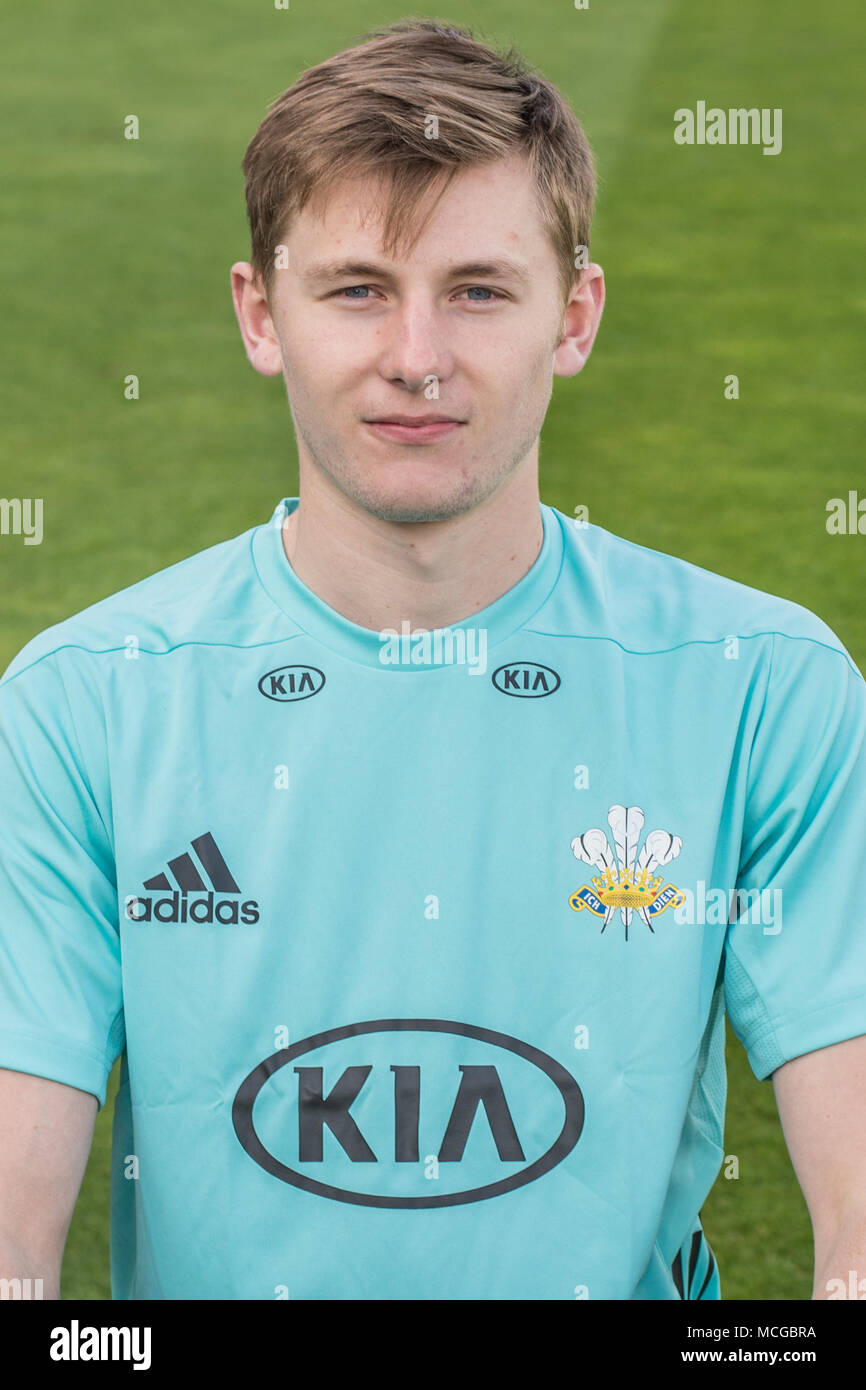 London, UK. 16th Apr, 2018. Gus Atkinson of Surrey County Cricket Club ...