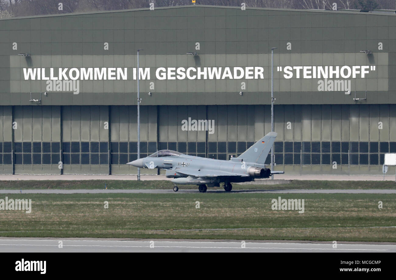 16 April 2018, Germany, Laage: A Eurofighter approaching the start ...