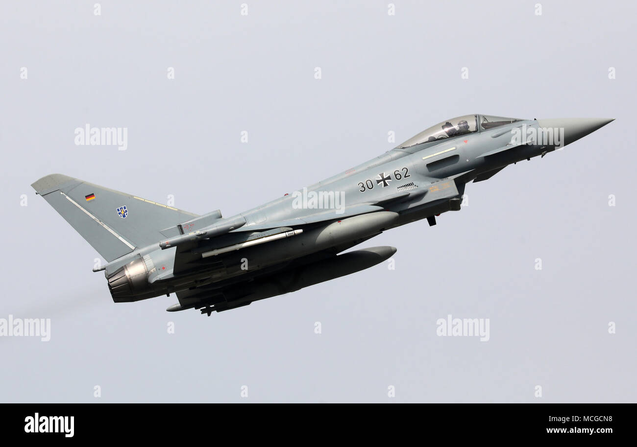 16 April 2018, Germany, Laage: A Eurofighter approaching taking off ...