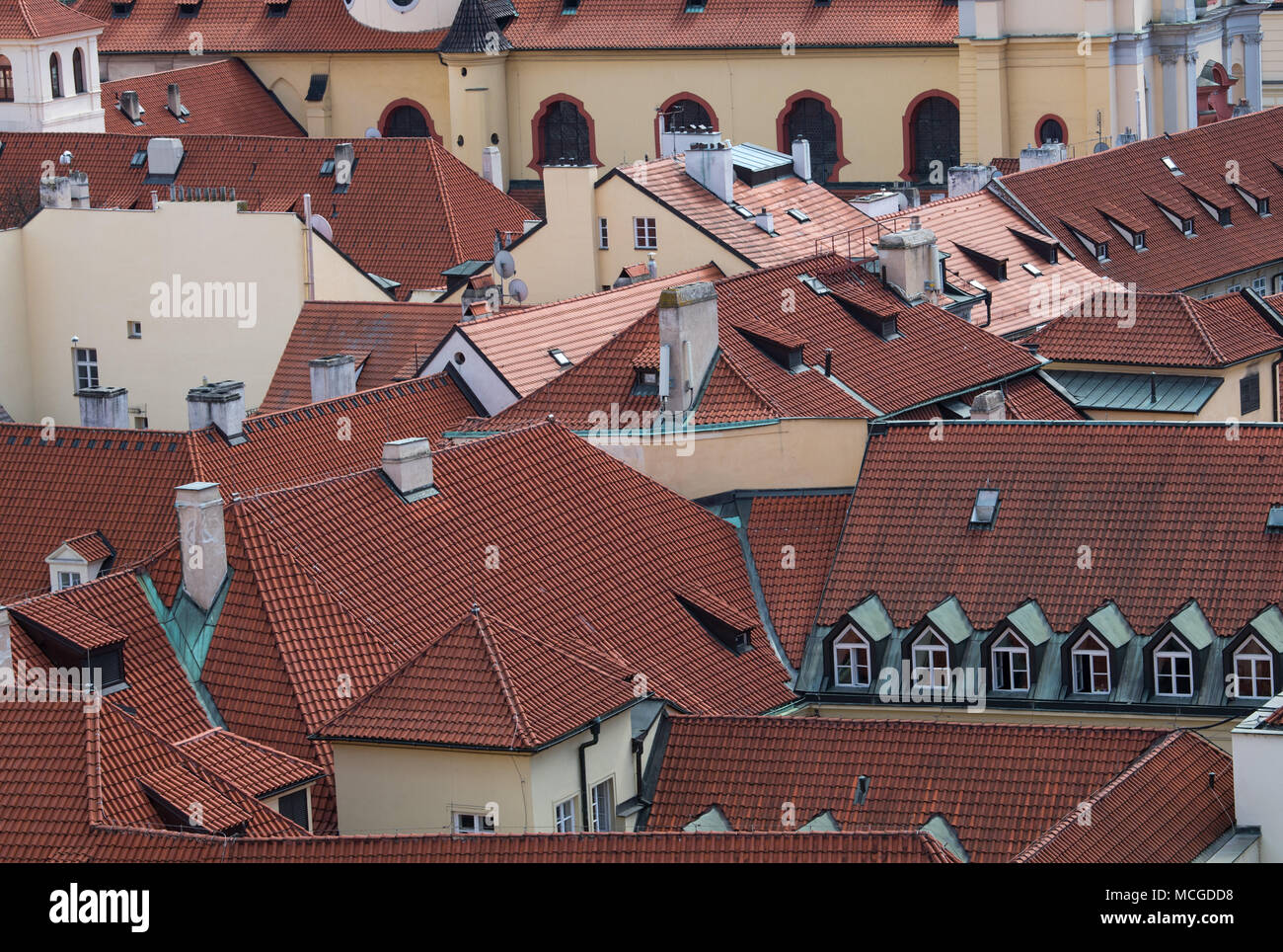 10 April 2018, Czech Republic, Prague: View of the roofs with red tiles ...