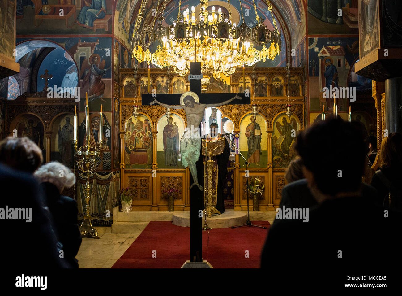 06 April 2018, Greece, Athens: Greek Orthodox worshippers attend a holy ...