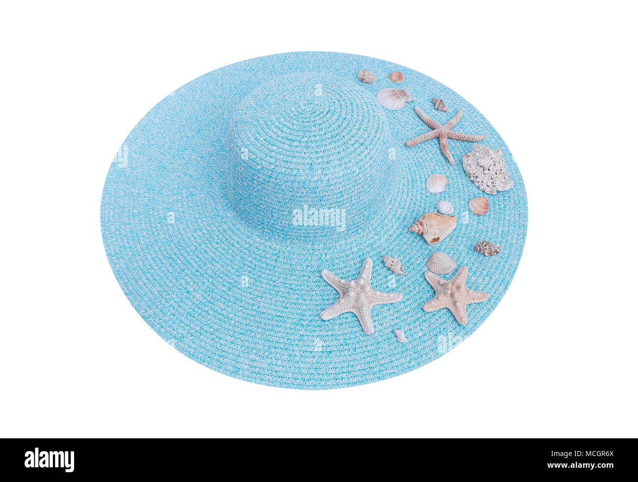 Starfish and seashells on a hat Stock Photo - Alamy