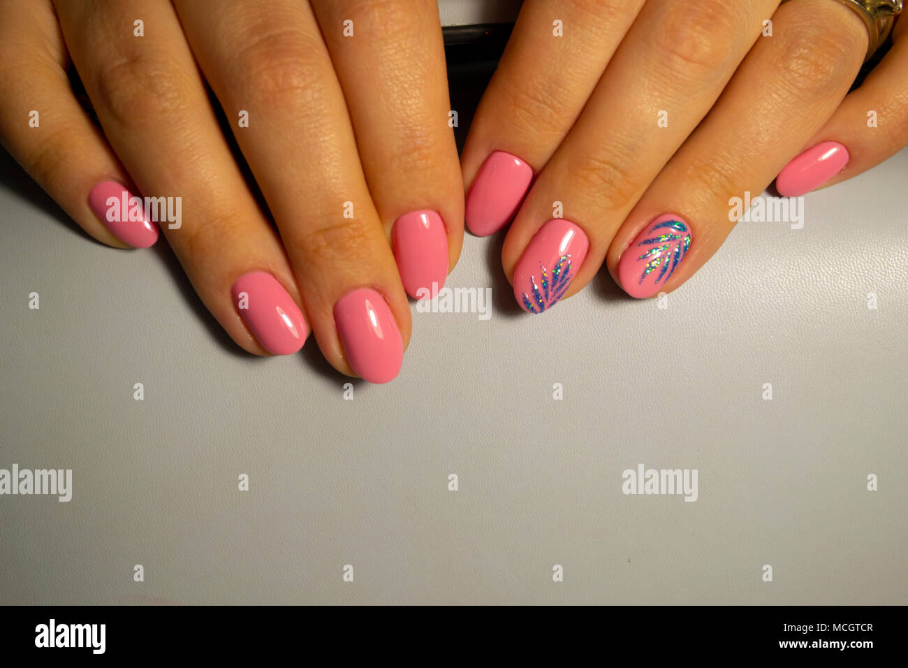 Manicure pink colored nails onsoft background Stock Photo - Alamy