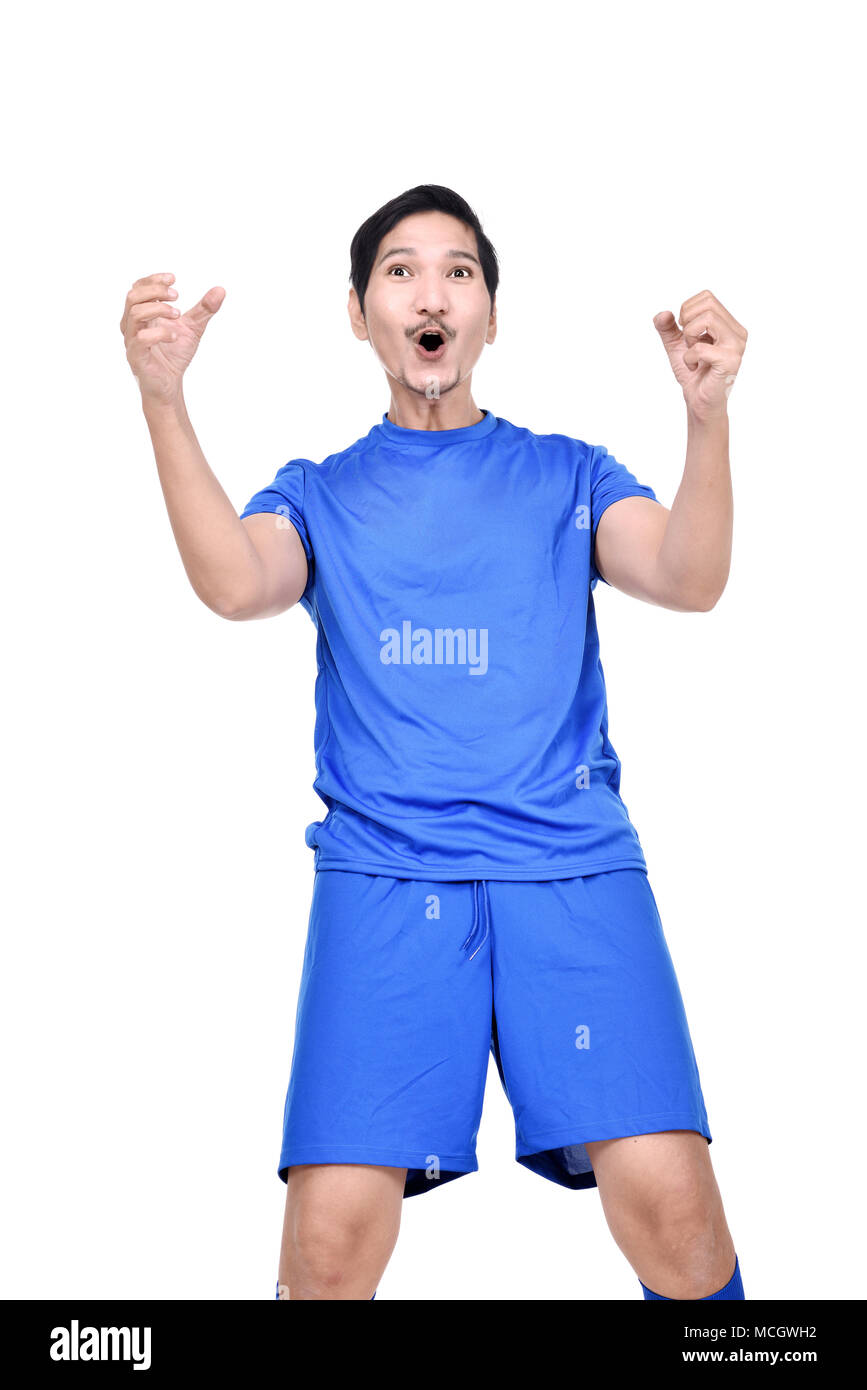 Portrait of asian soccer player with happy expression isolated over ...
