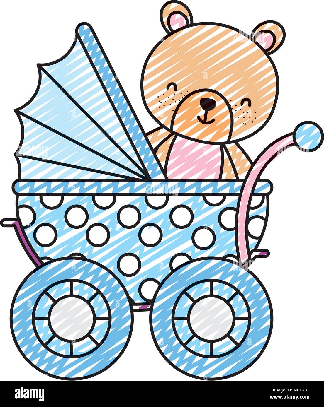 doodle bear teddy animal inside baby stroller vector illustration Stock ...