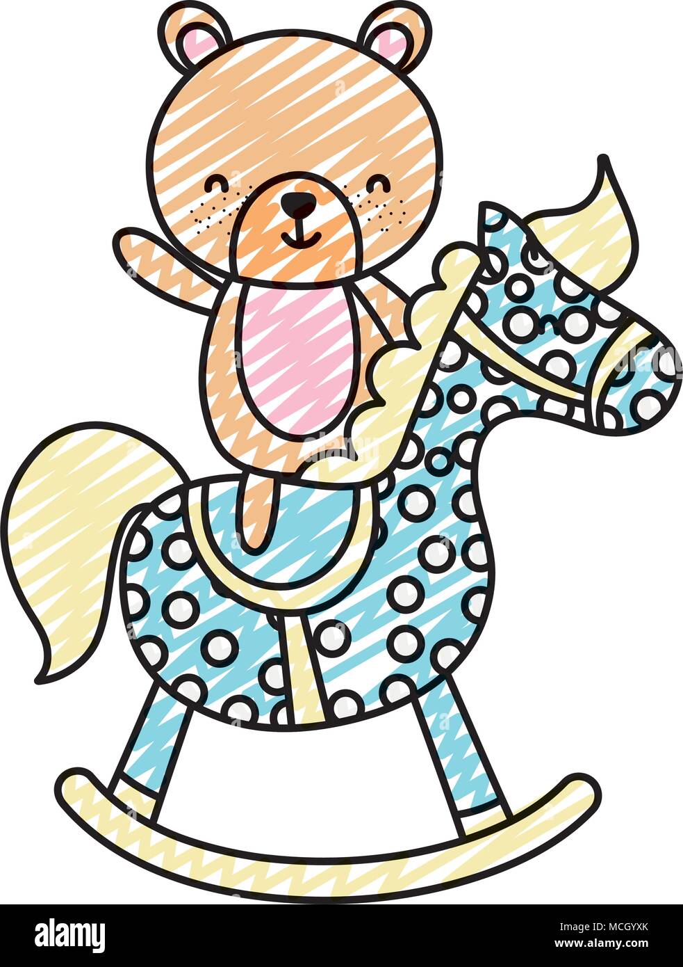 doodle bear teddy ride rocking horse vector illustration Stock Vector ...