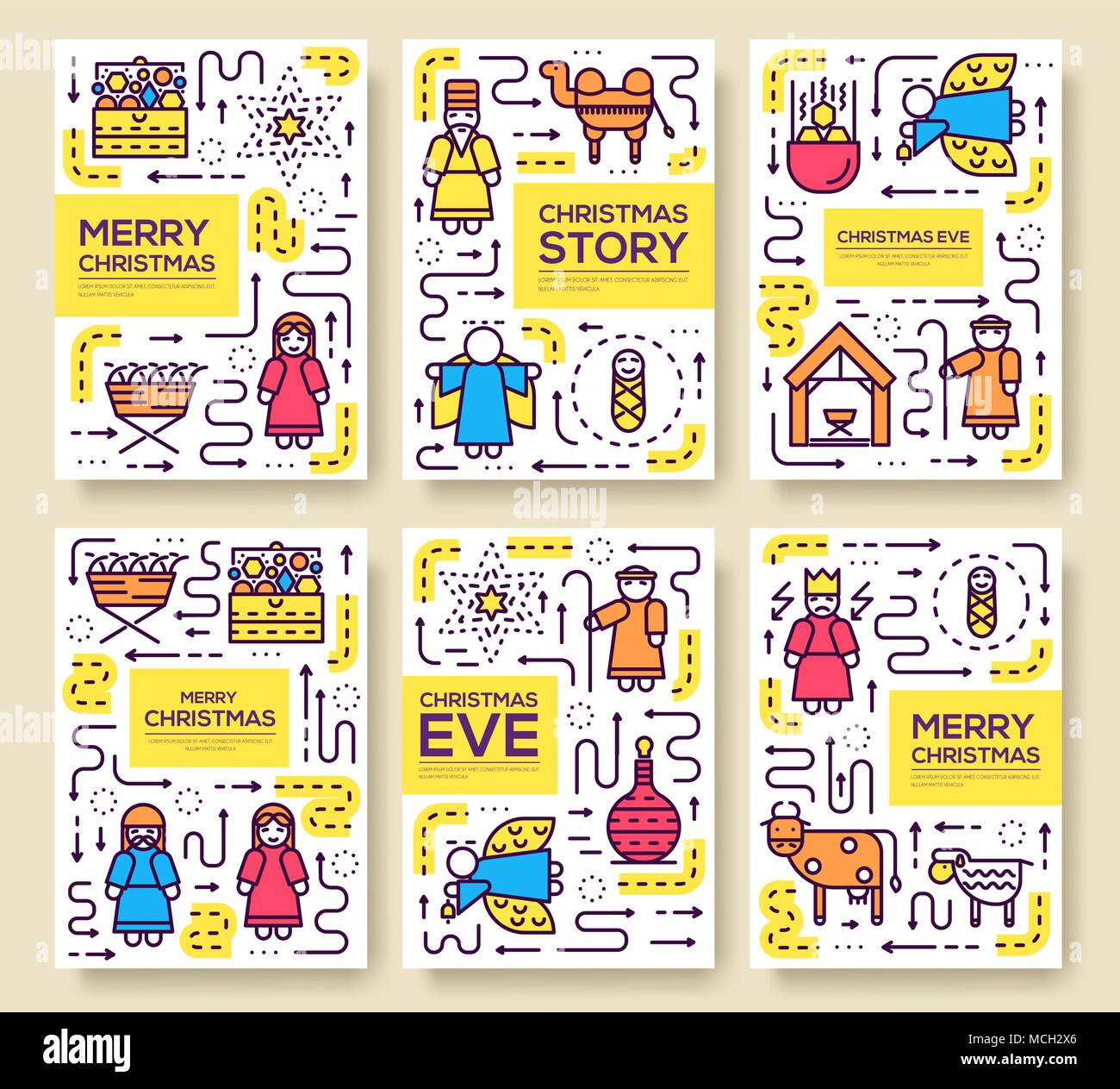 Merry Christmas vector brochure cards set. birth of Christ template of ...