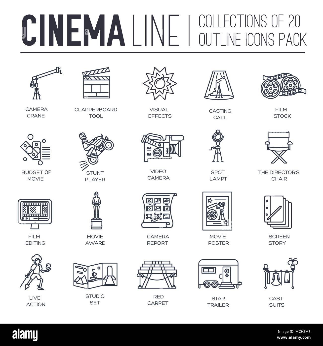 Premium quality cinema industry thin line design set. Filming ...