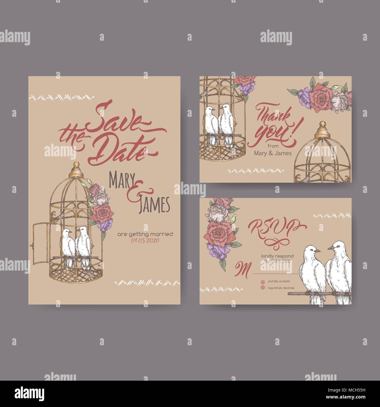 Set of three original attractive wedding cards based on doves in cage ...