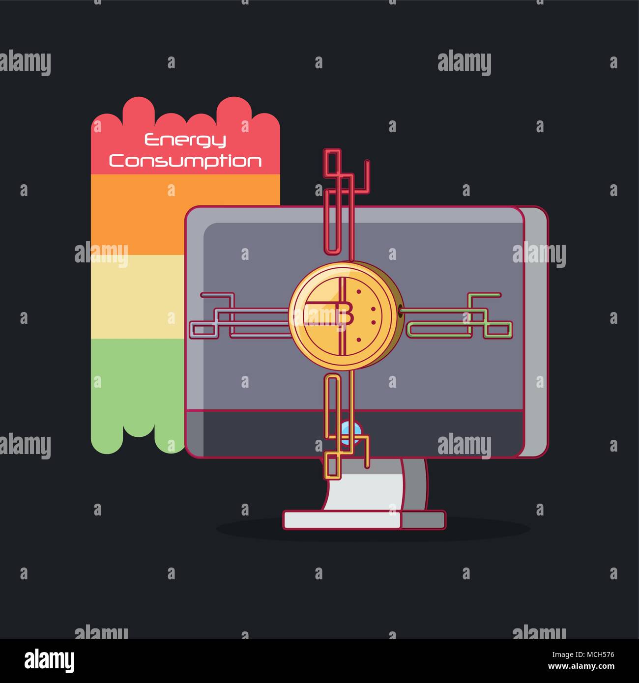 energy consumption design with computer and bictoin coin over black ...
