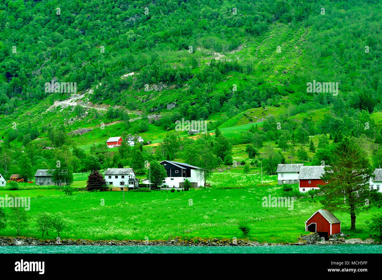 Landscapes of Norway with its mountains and green fields Stock Photo ...