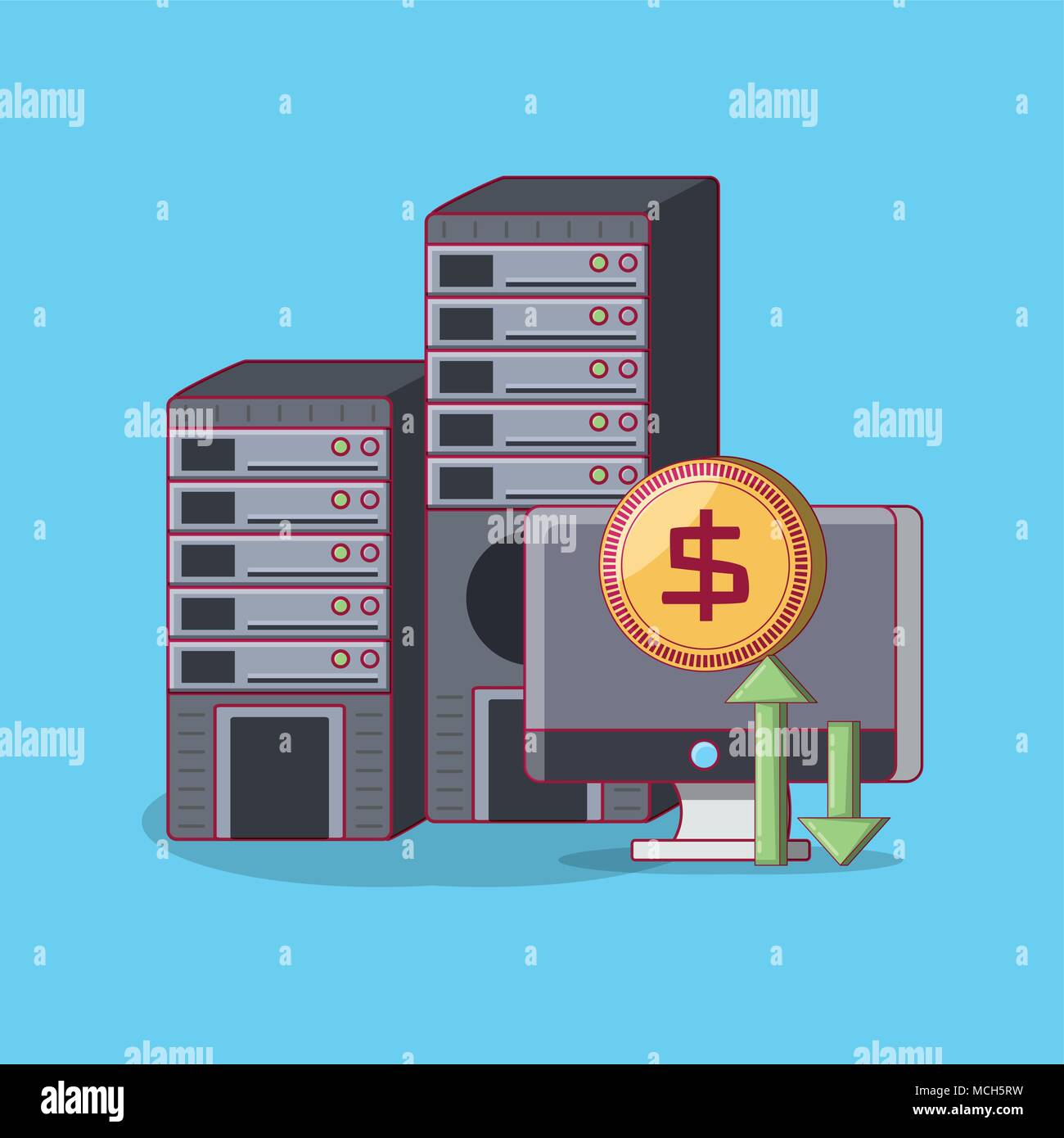 data servers with computer and money coins over blue background ...