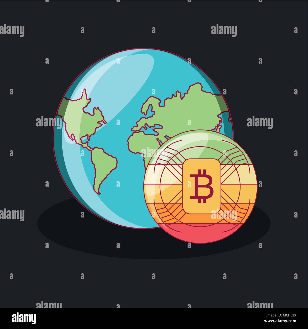 earth planet with bitcoin coin over black background, colorful design ...