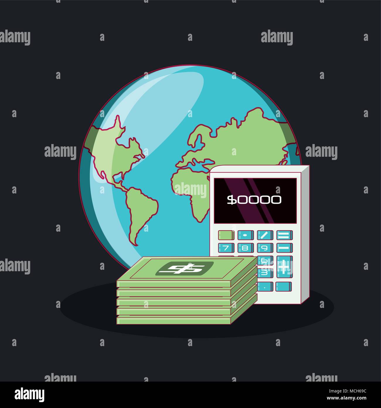 earth planet with calculator and money bills over black background ...