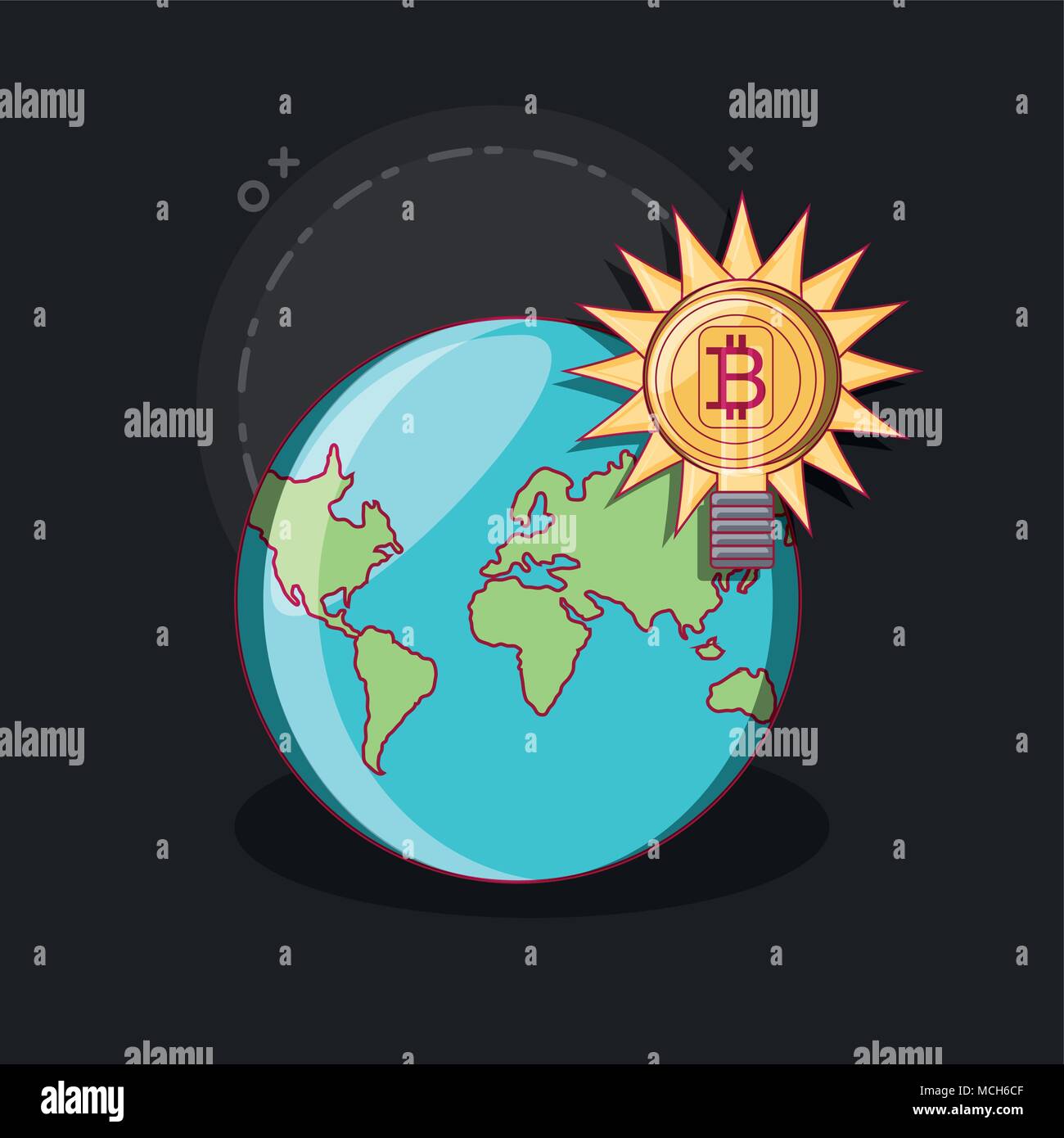 earth planet with bulb with bitcoin symbol over black background ...