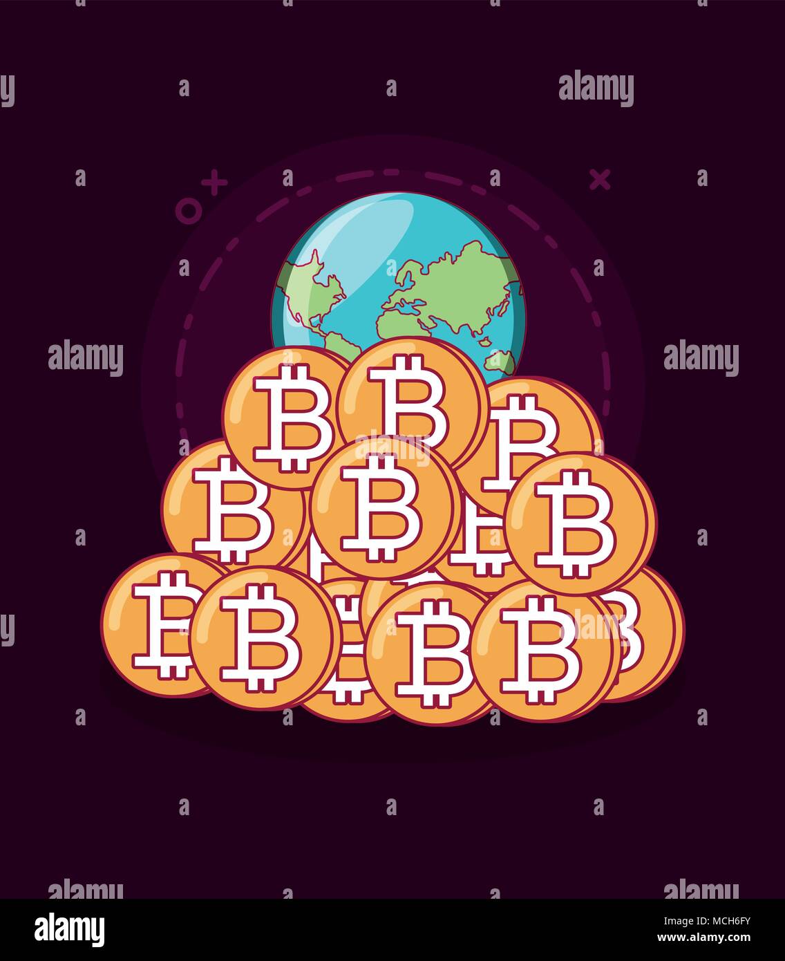 earth planet with bitcoin coins over black background, colorful design ...