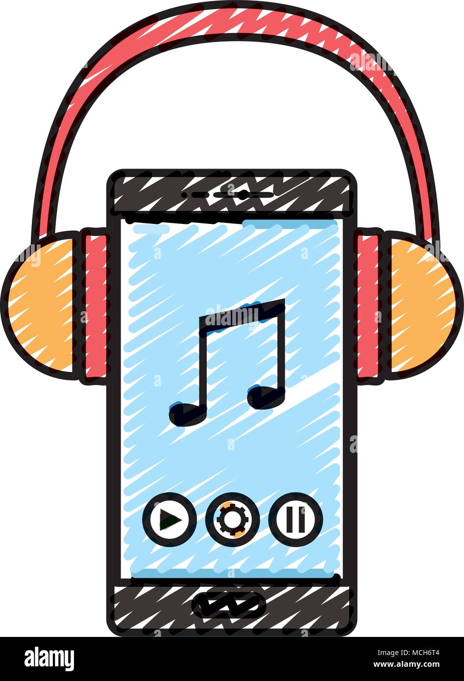 doodle smartphone technology with play music and headphone vector ...
