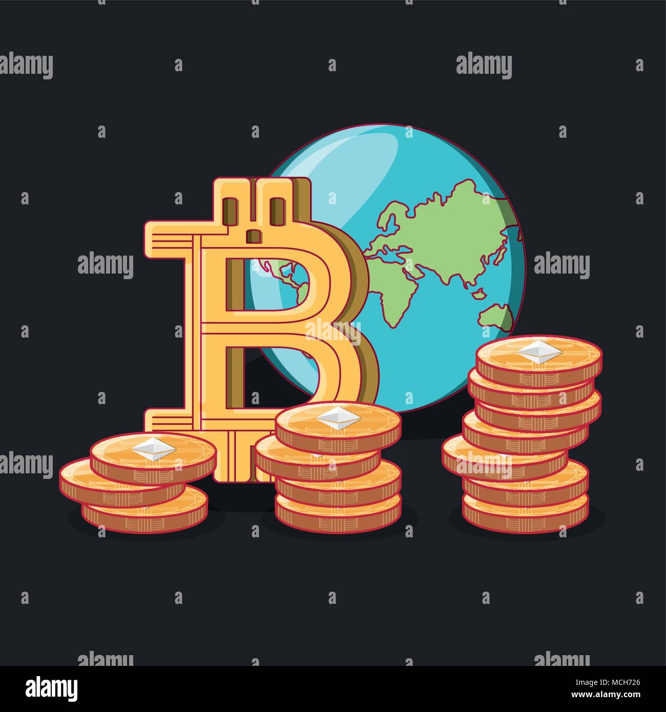 bitcoin symbol and earth planet over black background, colorful design ...