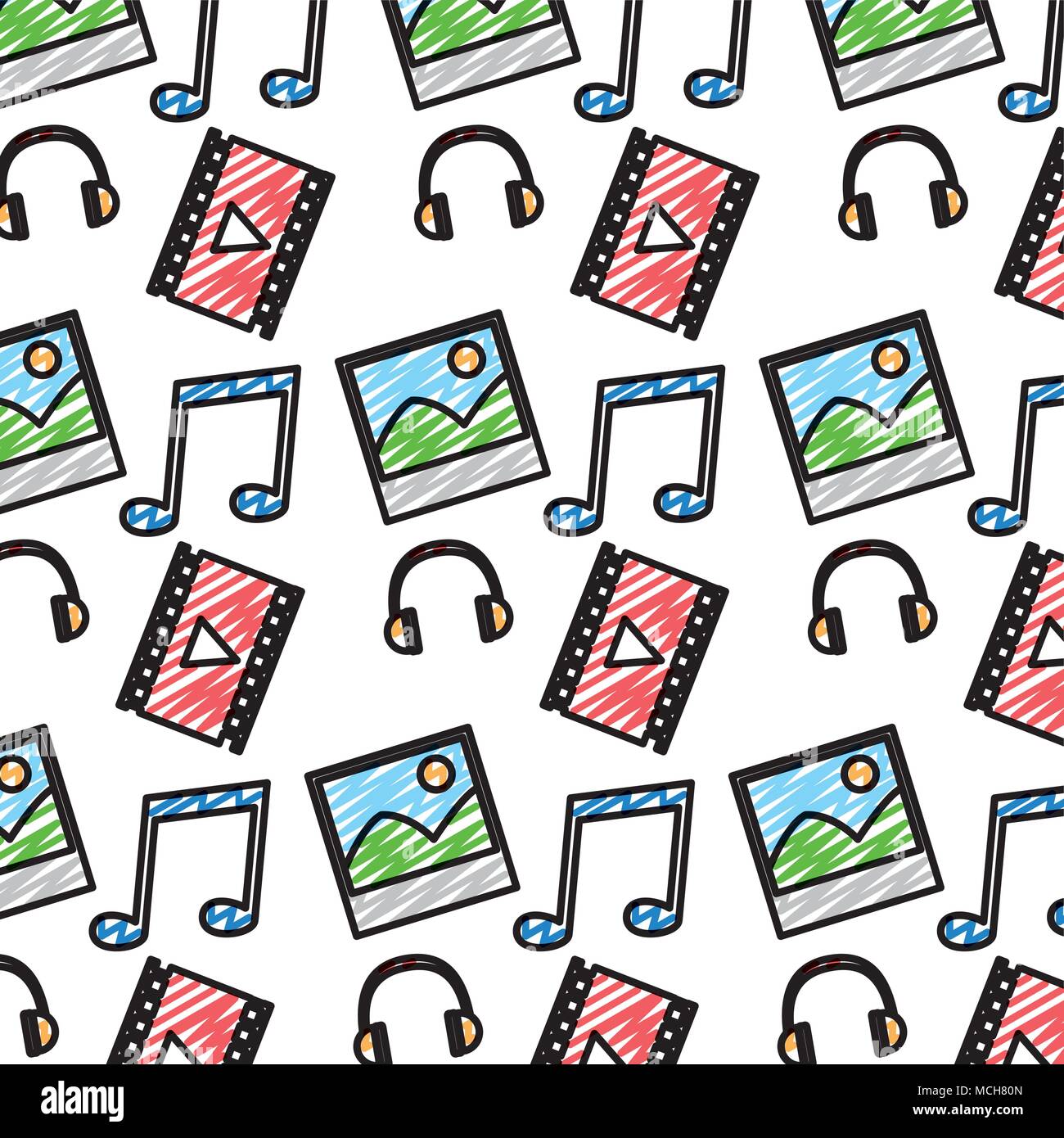 doodle multimedia film studio equipment background vector illustration ...