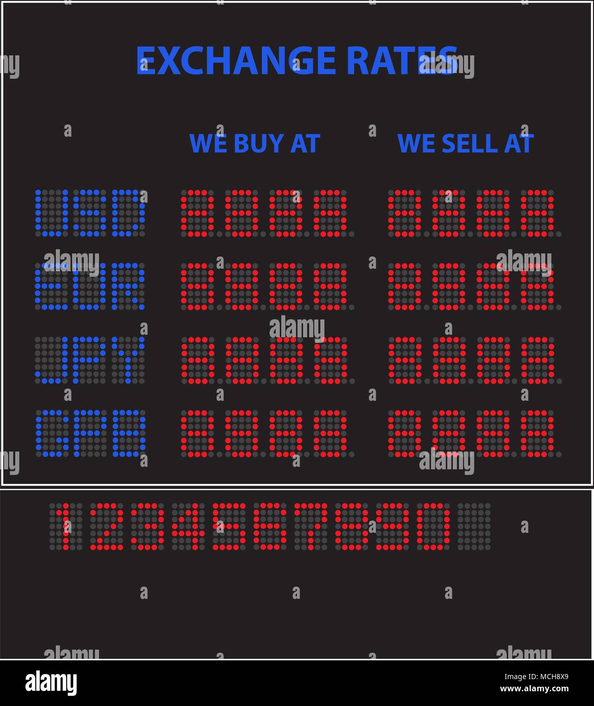 Vector drawing of an electronic LED currency exchange screen for a bank ...