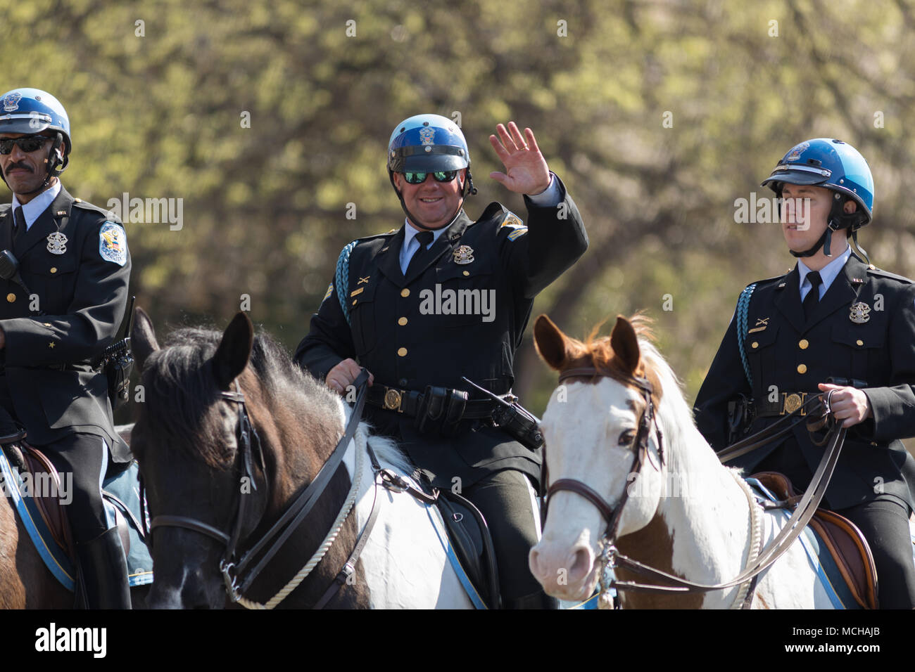 Washington, D.C., USA - April 14, 2018 Police officers riding horses in ...
