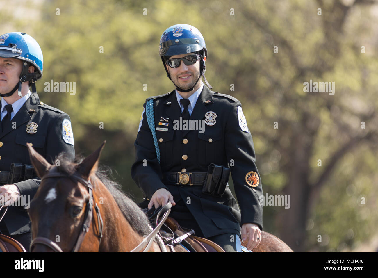 Washington, D.C., USA - April 14, 2018 Police officers riding horses in ...