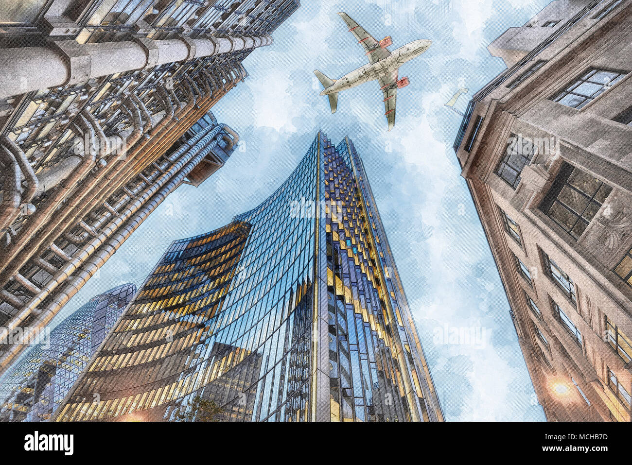 A jet plane flying low over Three different kind of architecture with ...