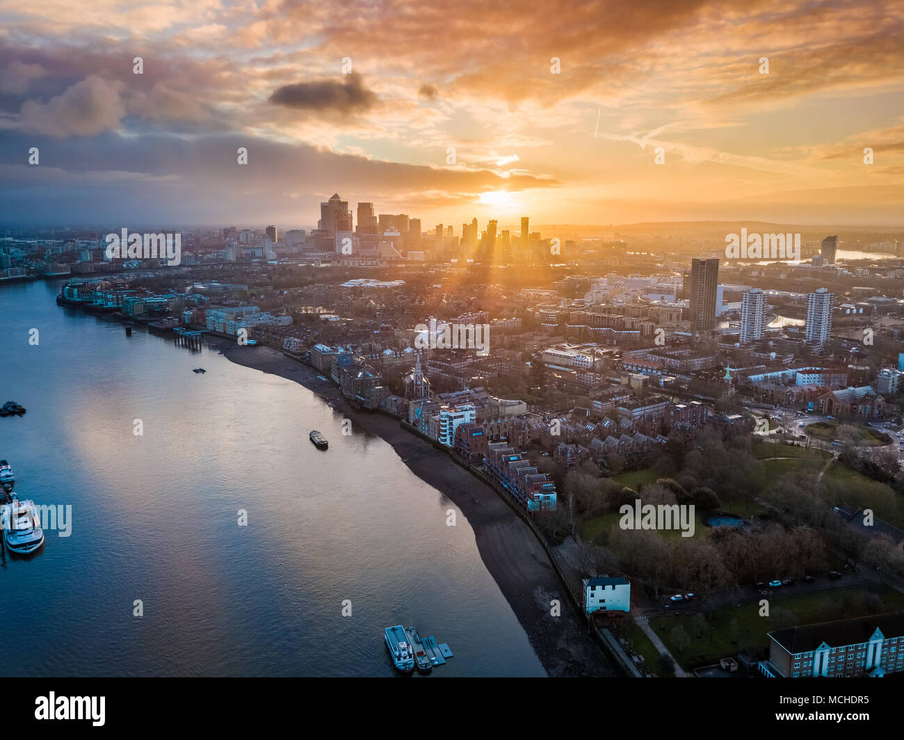 London, England - Panoramic aerial skyline view of east London at ...