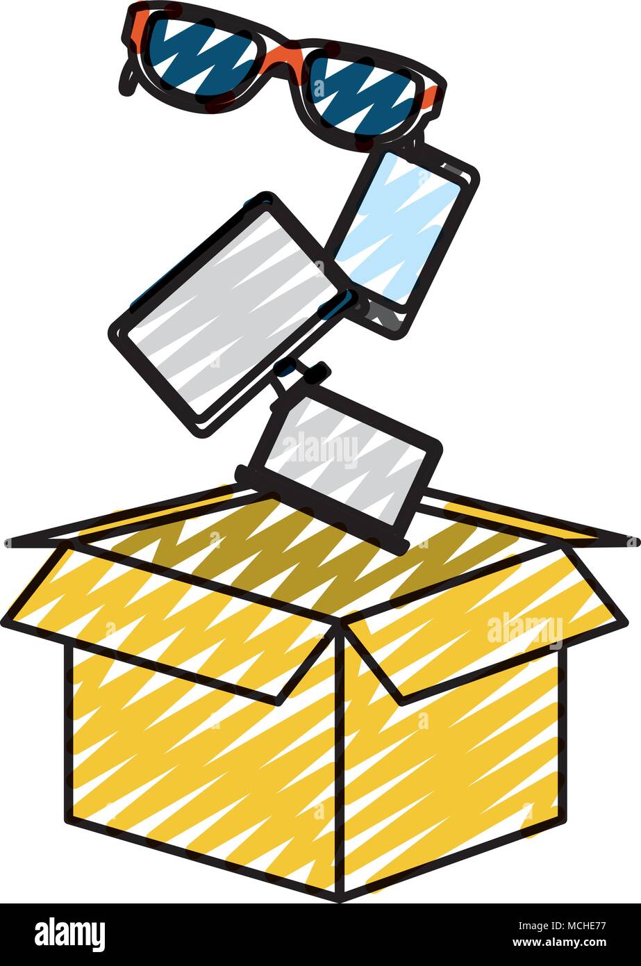 doodle screen computer with smartphone and sunglass inside box vector ...