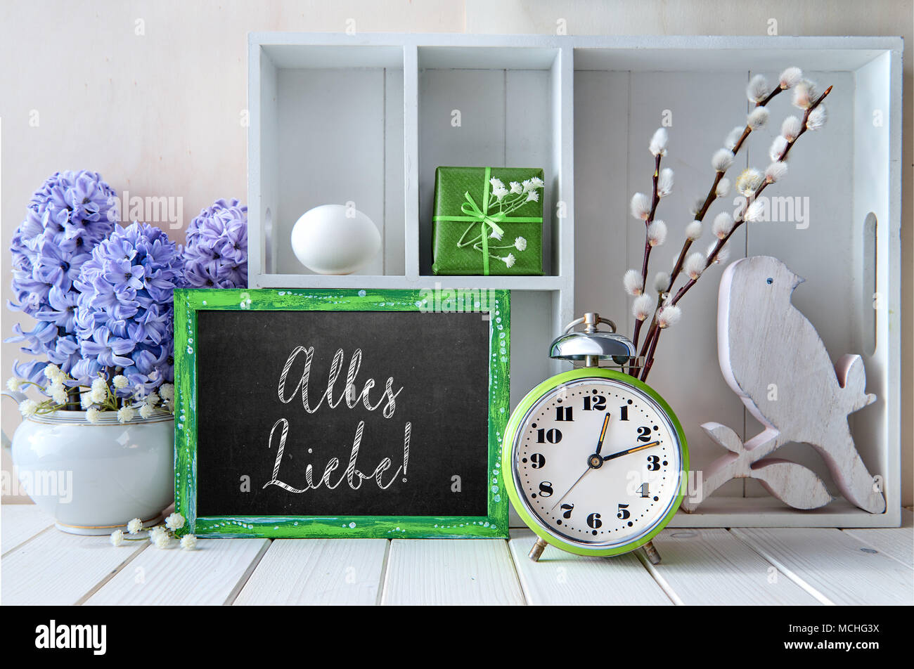 Springtime background with spring decorations. Display cabinet with ...