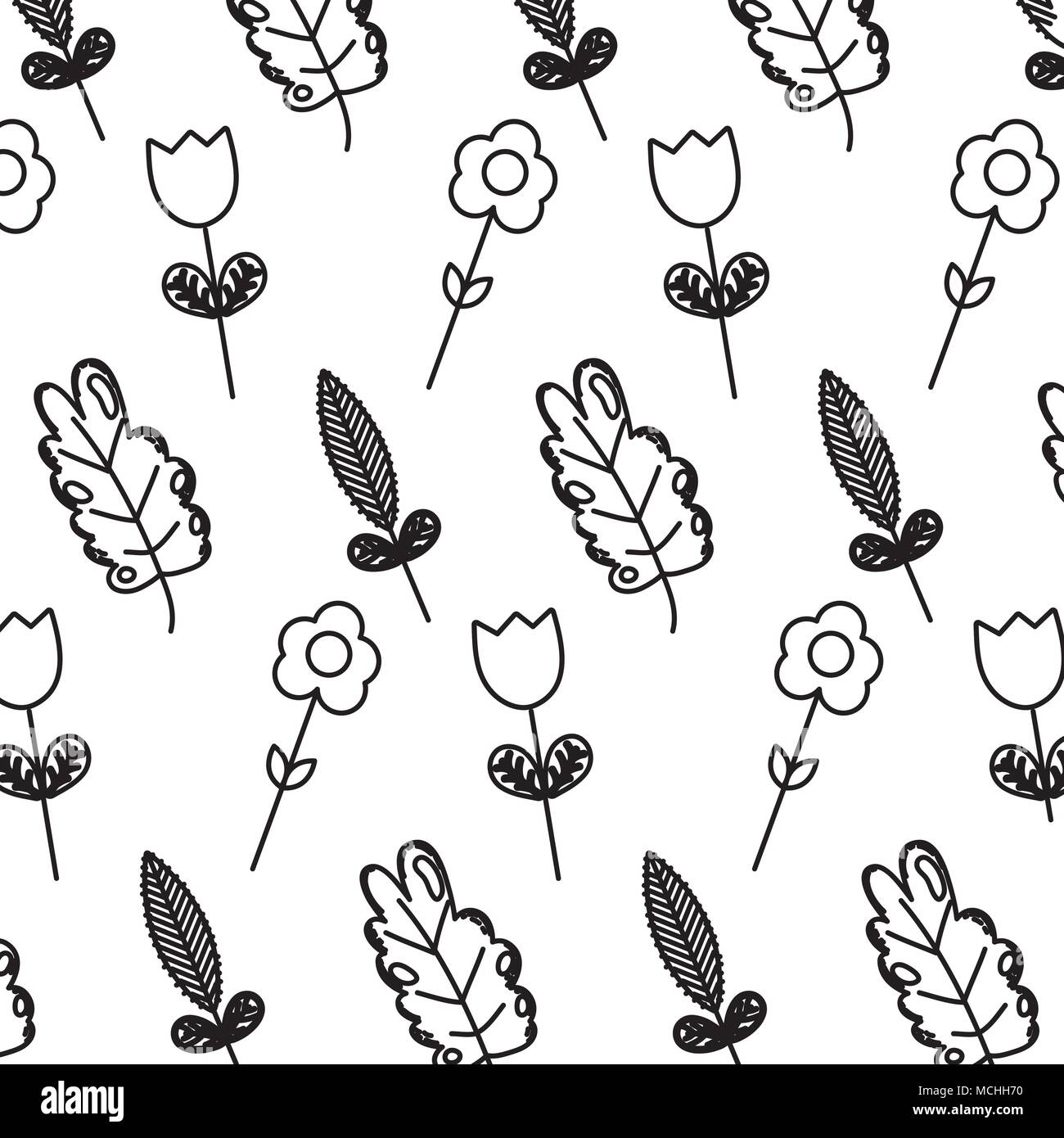 line beautiful flowers with petals and leaves background Stock Vector ...