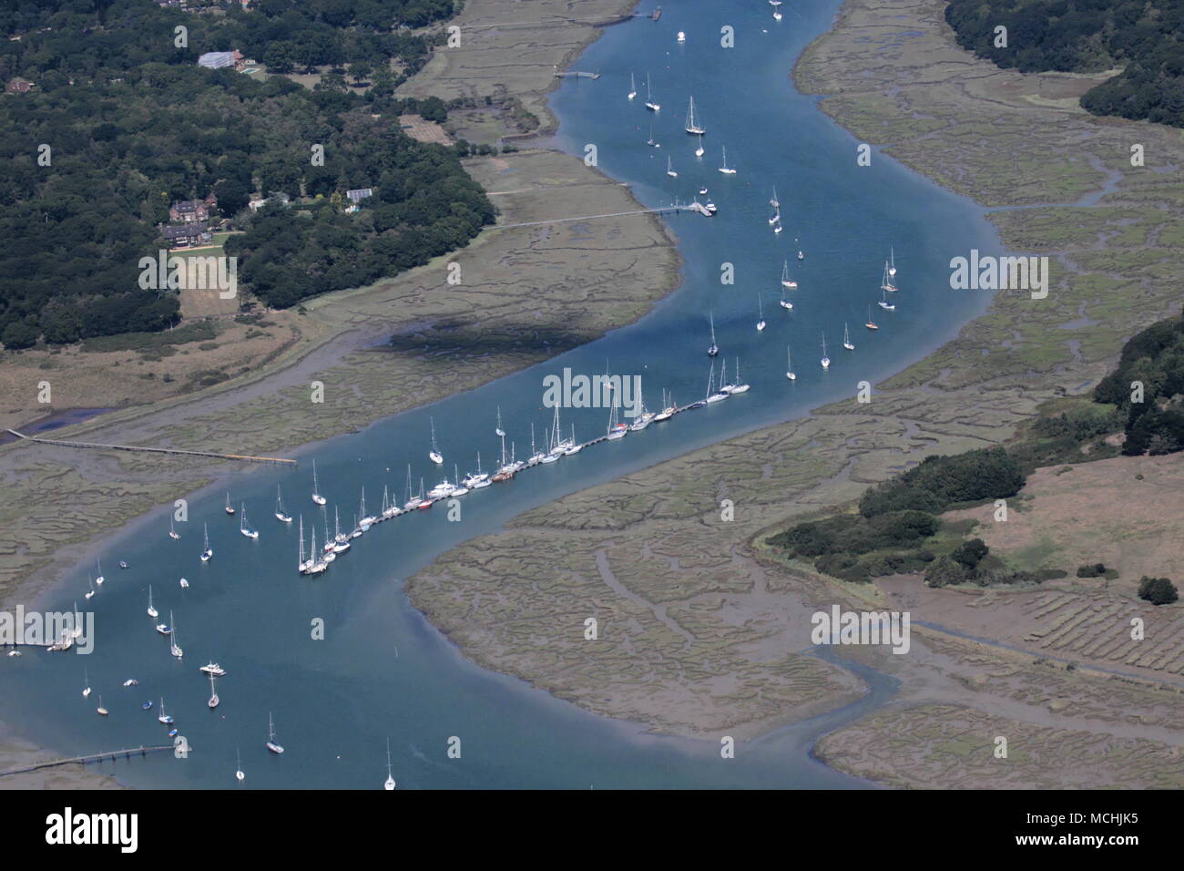 Aerial view of Yachts on the River Beaulieu Brockenhurst Hampshire ...