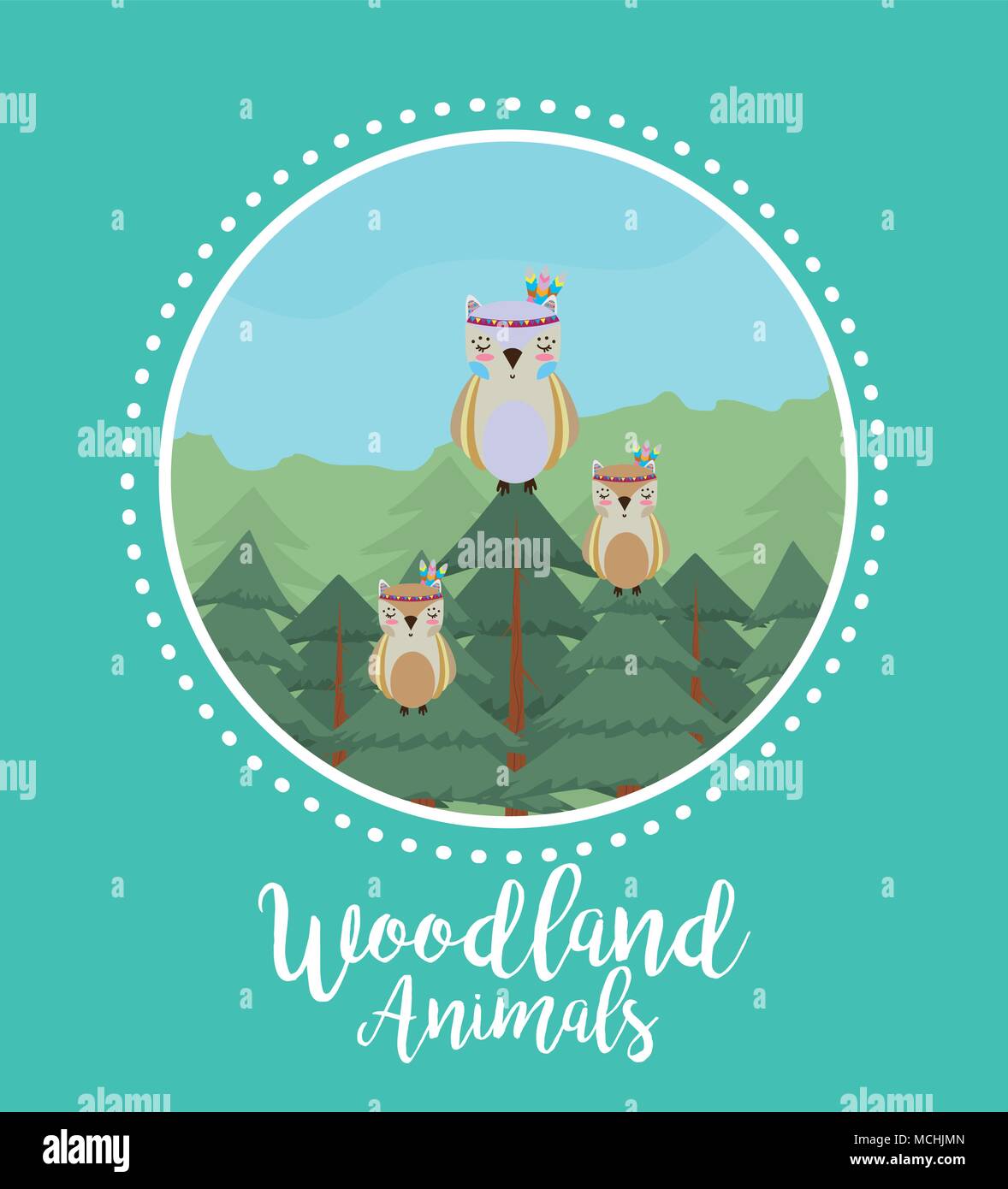 Owls woodland animals cute cartoons over blue background Stock Vector ...