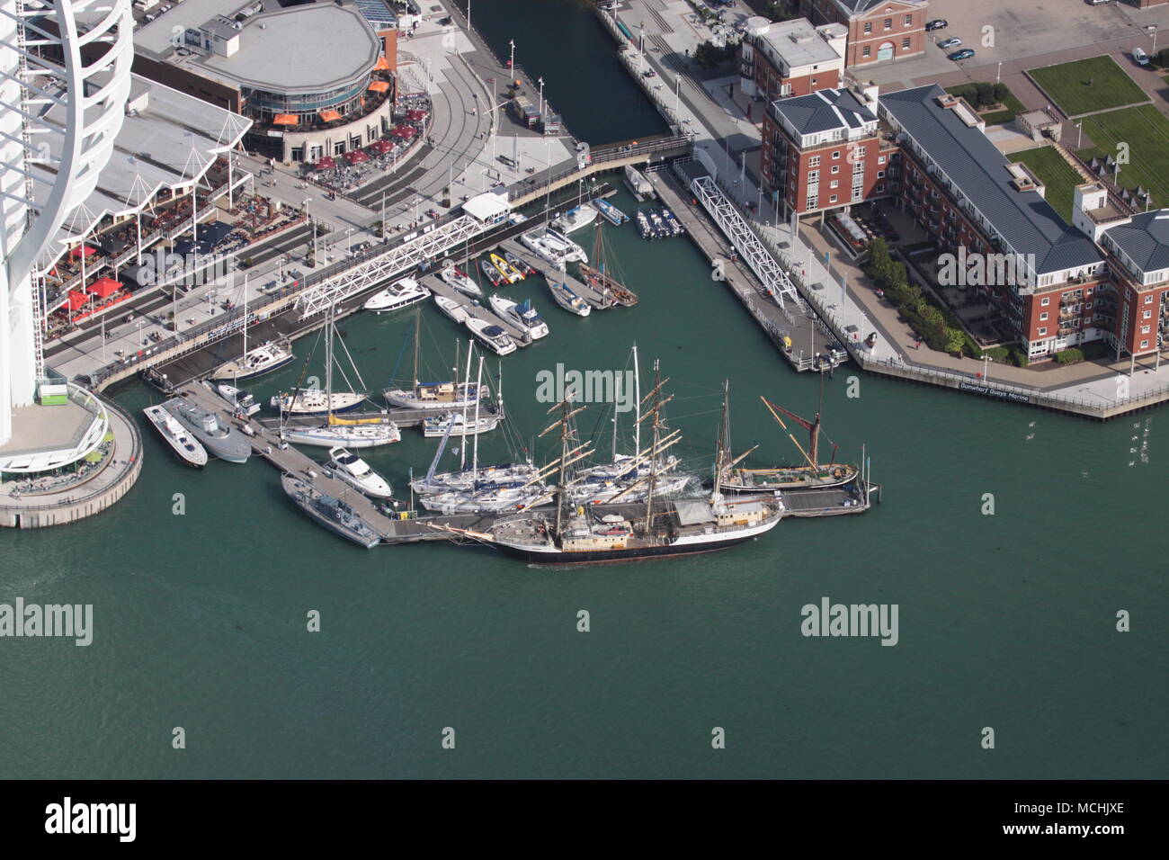 Aerial view Tall ship under the Spinnaker Tower Portsmouth Hampshire ...