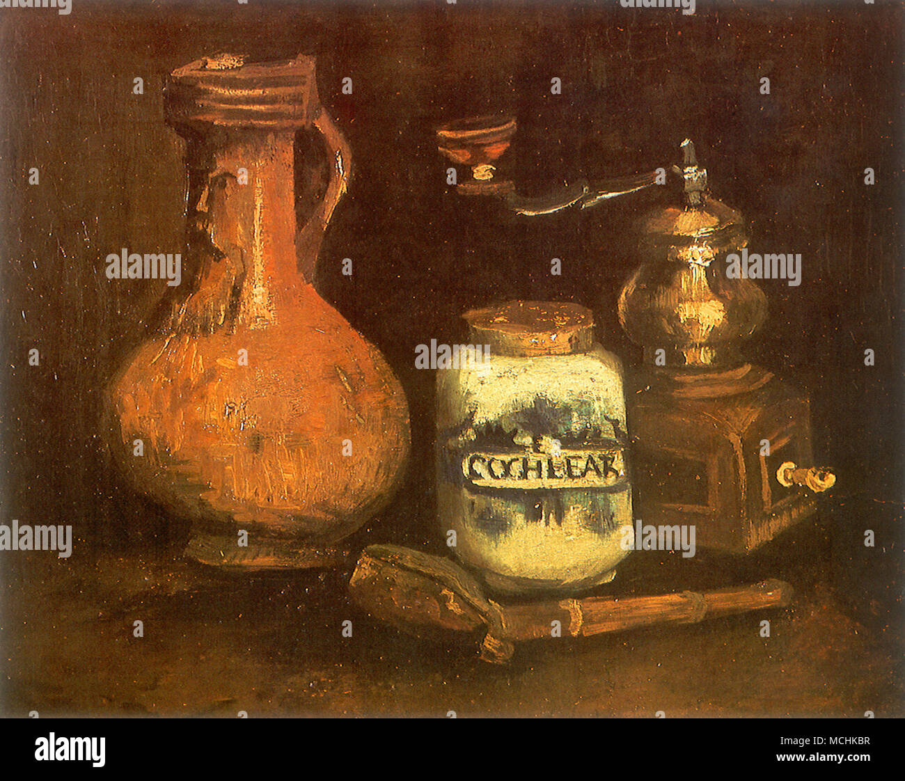 Still Life with Coffee Mill, Pipe Case and Jug Stock Photo - Alamy