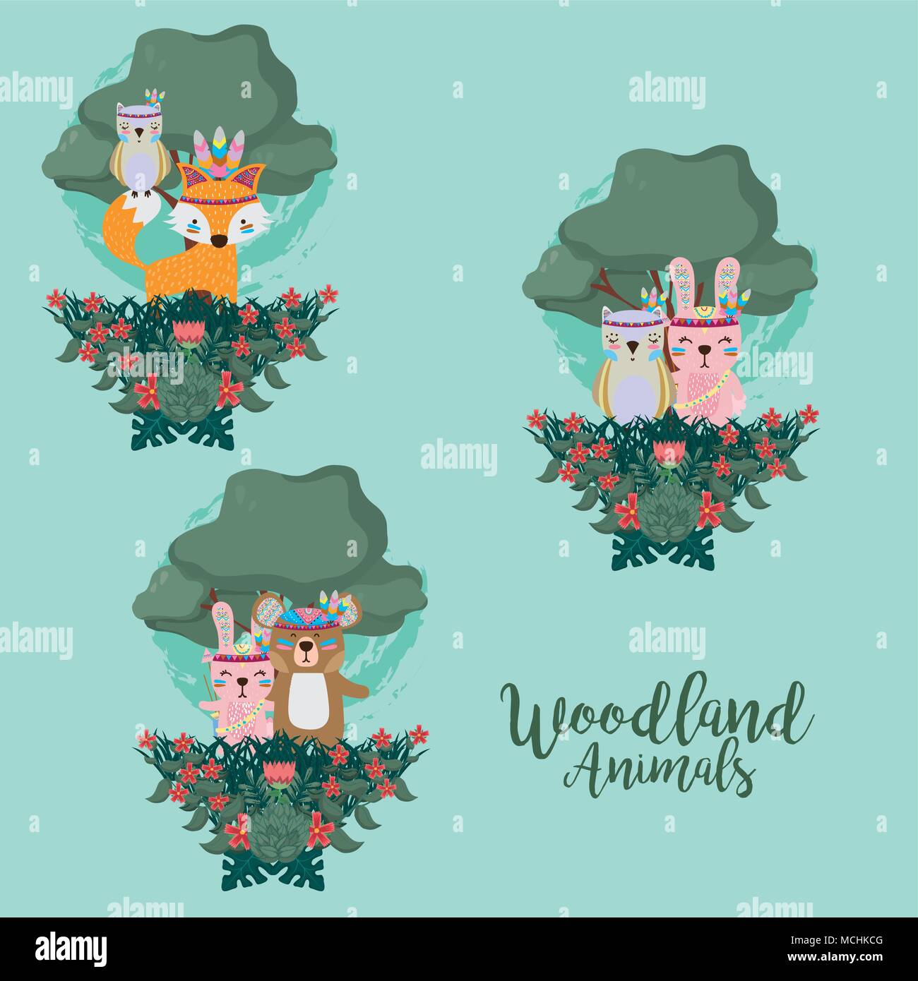 Set of cute animals woodland cartoons over blue background Stock Vector ...