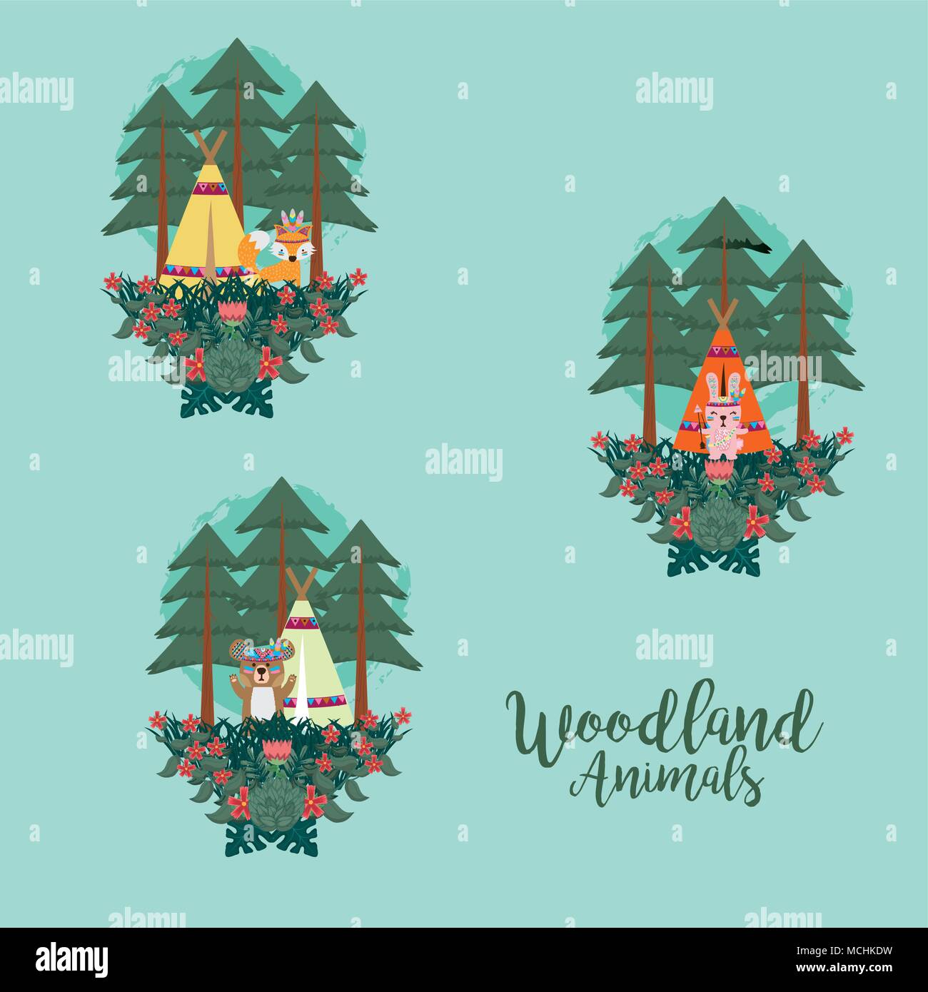 Set of cute animals woodland cartoons over blue background Stock Vector ...