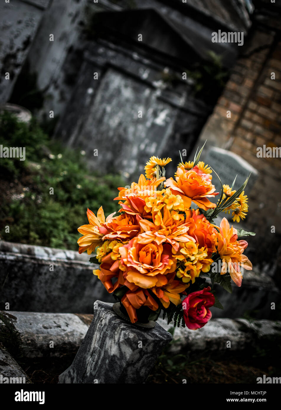 New Orleans Lafayette Cemetery Tomb with Colorful Flowers Stock Photo ...
