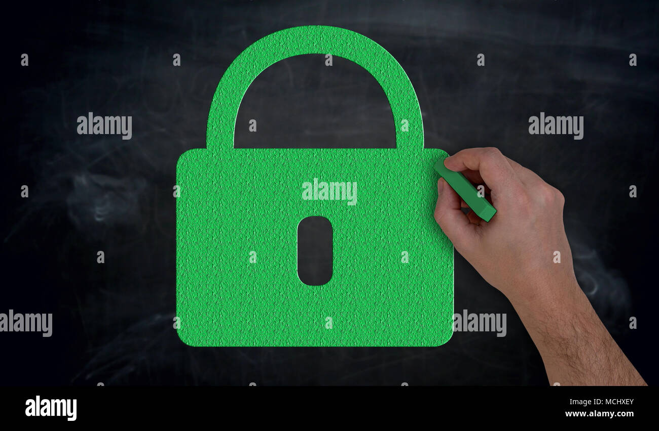 Hand paints with chalk green U-lock on blackboard concept Stock Photo ...